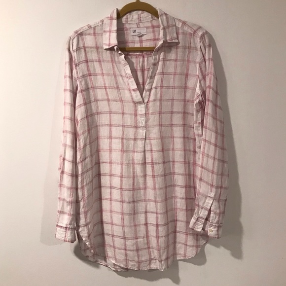 GAP | Tops | Gap Linen Popover Collared Long Tunic Top Plaid ...